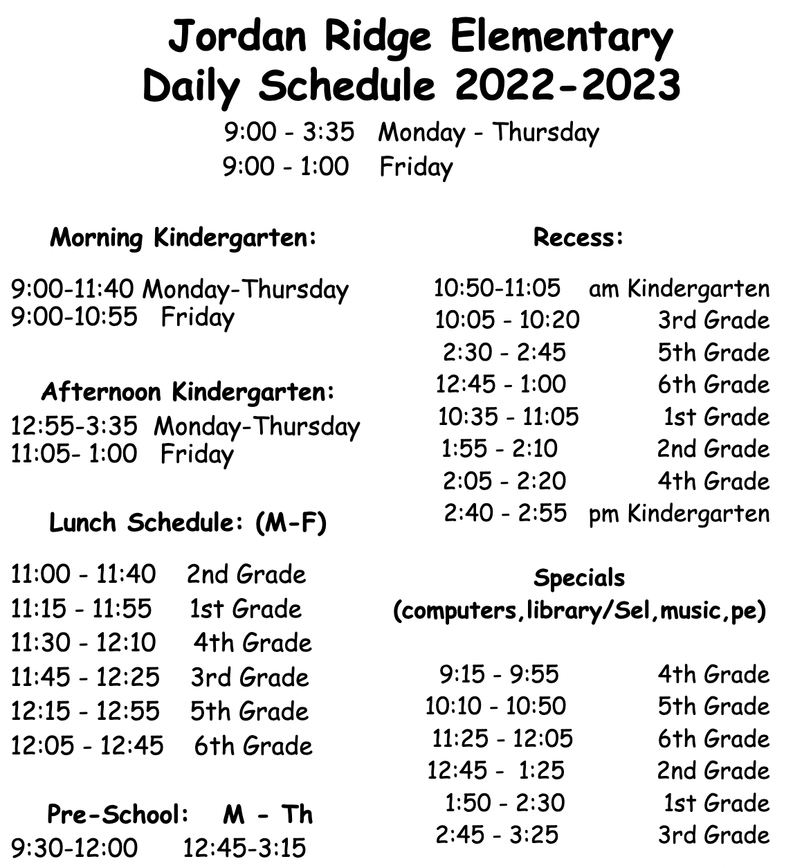 Bell Schedule – Jordan Ridge Elementary