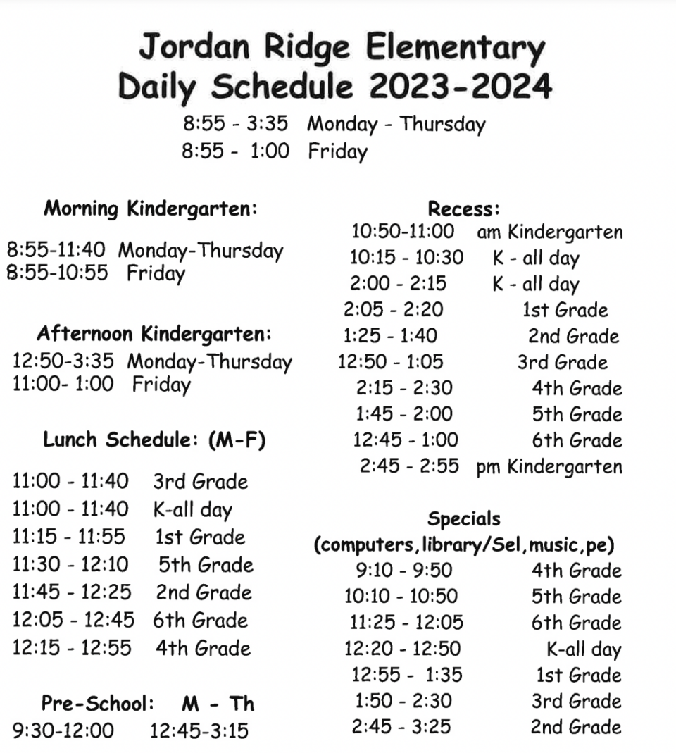 Bell Schedule – Jordan Ridge Elementary